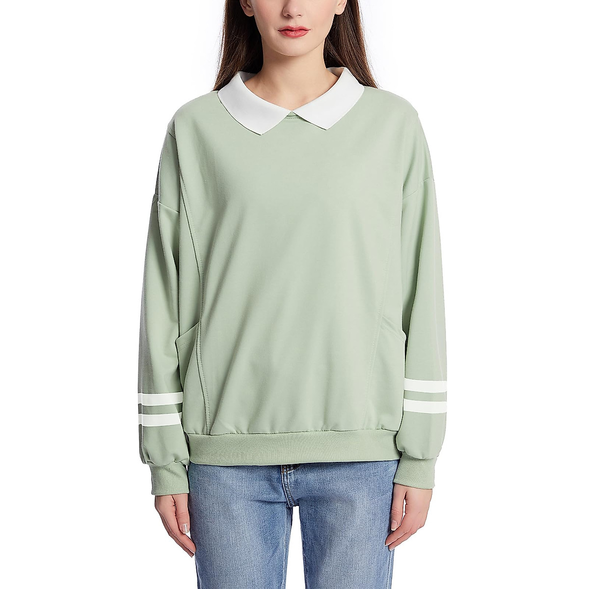 Tuislay Cute Sweatshirts for Women Kawaii Clothes Aesthetic Pullover Teens Girls Preppy Hoodies Pocket Turn-Down Collar Tops (Green,L,Large)