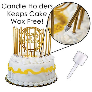 24 Count Tall Thin Metallic Gold Slow Burning Birthday Candles in Holders with Matching Elegant Classy Cake Topper for Special Custom Birthday Cake Cupcake Candle Decorations by Dream VZN