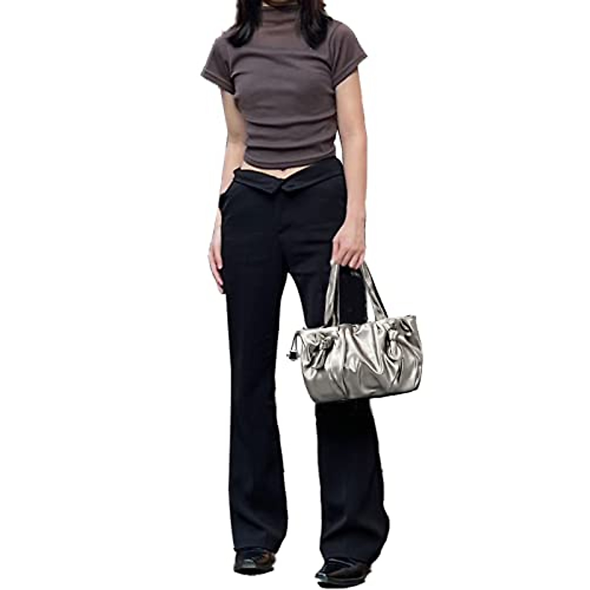 Soft Leather Tote Shoulder Bag For Women,Metal Gray Drawstring Tote Bag,Casual Simple Messenger Bag