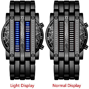 Binary Matrix Blue LED Digital Watch Mens Classic Creative Fashion Black Plated Wrist Watches (Black Blue)