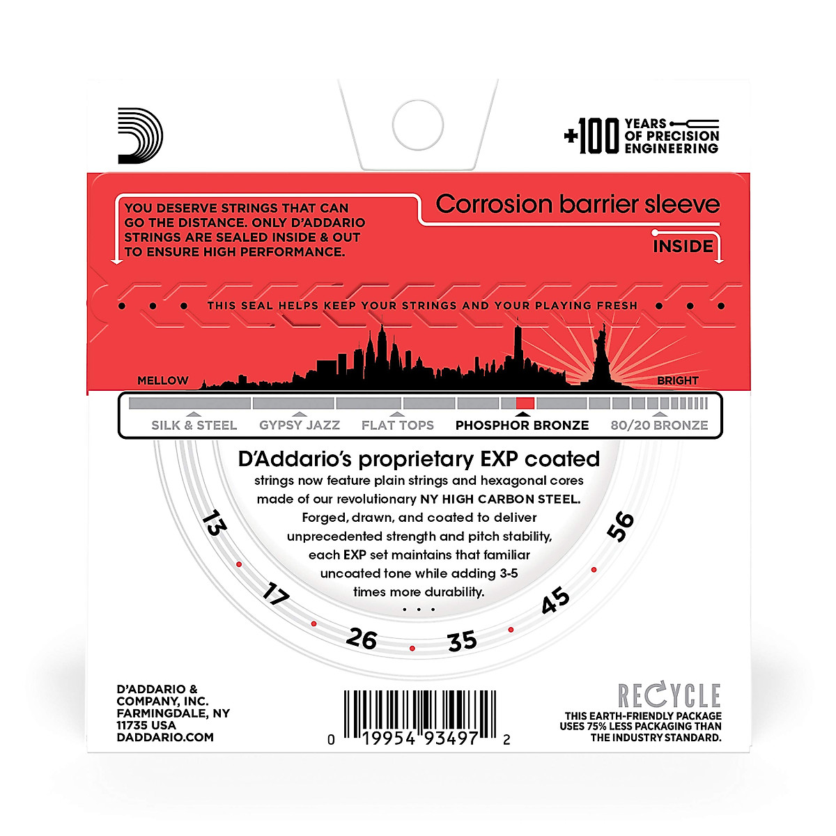 D’Addario EXP17 Coated Phosphor Bronze Acoustic Guitar Strings, Light, 13-56 – Offers a Warm, Bright and Well-Balanced Acoustic Tone and 4x Longer Life - With NY Steel for Strength and Pitch Stability