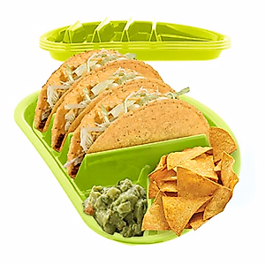 Fiesta Taco Plate by Arrow Home Products, 4 Pack - Each Plate Includes 3 Taco Holders Plus 2 Compartments - BPA Free Plastic, Made in the USA, Dishwasher Safe - Lime Green