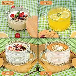 Qmioti Vintage Glass Coffee Mugs 4 Pack, 14 oz Glass Coffee Tea Cups with Lid and Golden Spoons, Clear Embossed Glass Cup Sets for Latte, Cereal, Cappuccino, Yogurt, Milk, Beverages and Cute Gifts