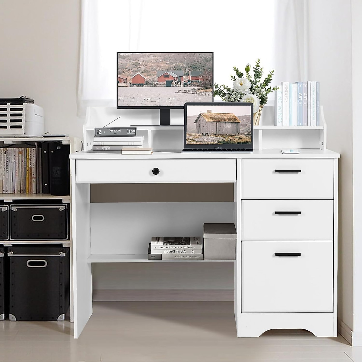 White Computer Desk with 4 Drawers, Modern Small White Desk with Large Storage Space & Hutch, Home Office Desk for Bedroom Small Spaces, White