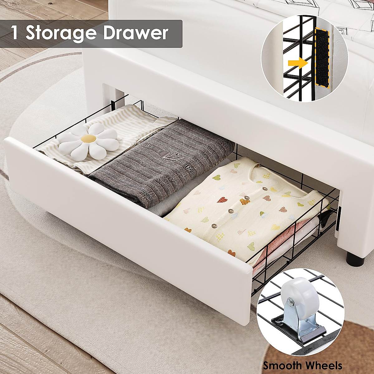 Keyluv Twin Upholstered LED Bed Frame with Storage Drawer, Leather Princess Platform Bed with Adjustable Crystal Button Tufted Crown Headboard, Solid Wooden Slats Support, No Box Spring Needed, White