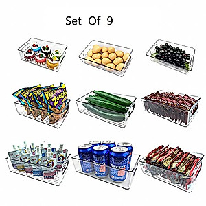 Lachesis Stackable Refrigerator Organizer Bins, Fridge Clear Bins with Handles Kitchen Organizer Fruit Container for Freezer, Pantry, Cabinets, Drawer, Shelves, Plastic Storage Bins 9 Pack