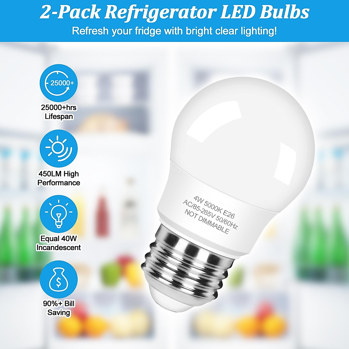 LED Refrigerator Light Bulb 40 Watt Equivalent, 120V Fridge Appliance Light Bulb 4W Daylight White 5000K, Waterproof A15 Fridge Light Bulbs 450LM, E26 Freezer Light Bulbs Non-dimmable, 2Packs