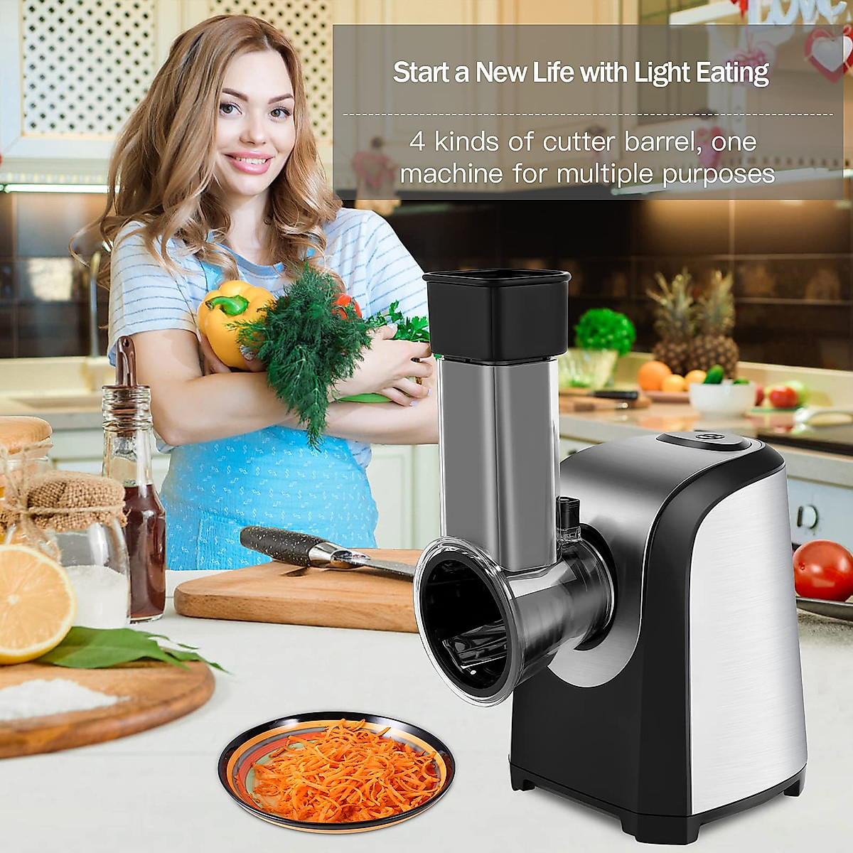 Electric Cheese Grater,Professional Electric Slicer Shredder,150W 4 in 1 Electric Salad Machine for Fruits, Vegetables, Cheeses, Salad Maker with 4 Free Attachments for Home Kitchen Use