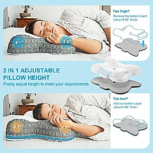 Elviros Cervical Memory Foam Neck Pillow for Pain Relief, Adjustable Orthopedic Support Pillows for Sleeping, Ergonomic Bed Pillow for Side, Back, Stomach Sleepers, Queen Size, Grey