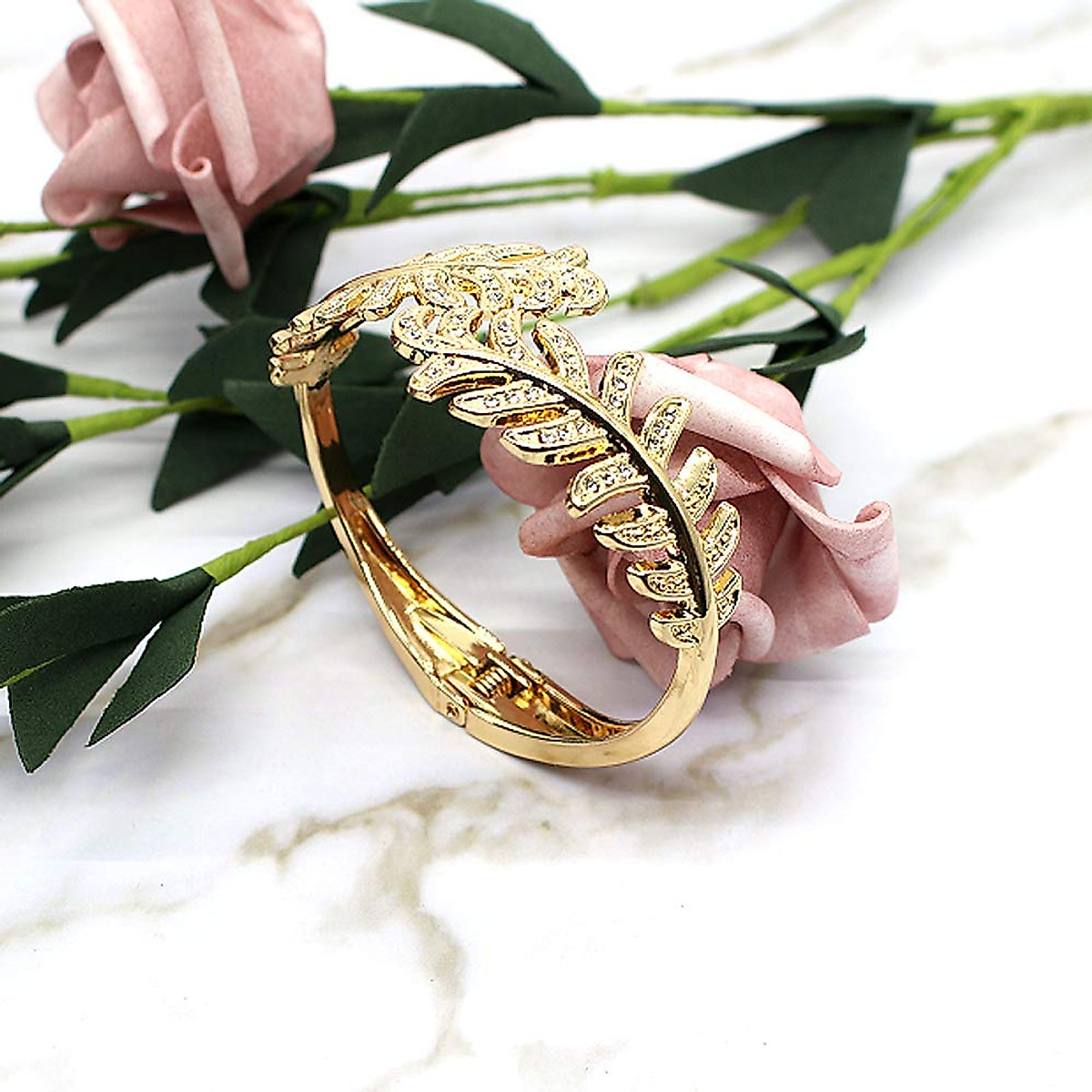 Sparkly Rhinestone Leaf Hinge Bangle Bridal Wedding Statement Bracelet Crystal Adjustable Cuff Bracelets Gold Platinum Tone Women Lover Gifts