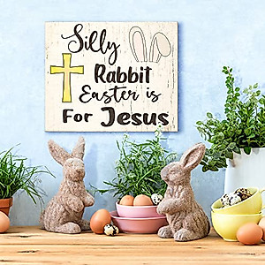 JennyGems Easter Decorations for the Home, Silly Rabbit Easter Is for Jesus Sign, Farmhouse Easter Decor, 7.25 x 6 Wooden Sign, Made in USA
