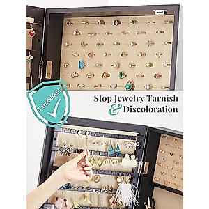 LUXFURNI LED Light Jewelry Cabinet Standing Full Screen Mirror Makeup Lockable Armoire, Large Cosmetic Storage Organizer w/Brush Holder (Black)