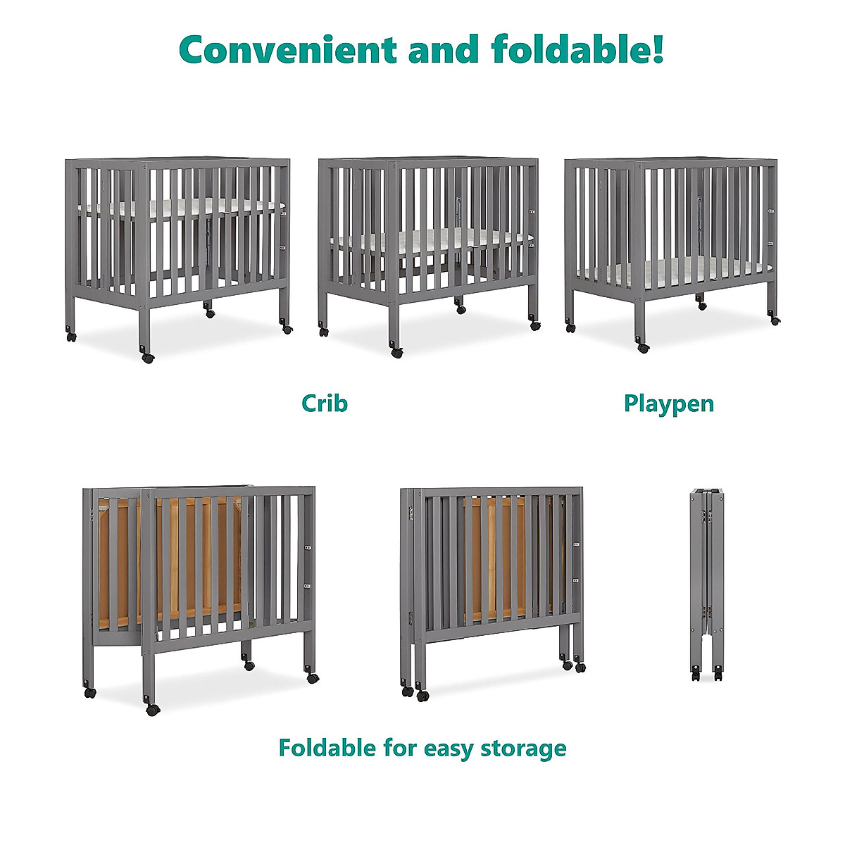 Dream On Me Jett Non-Full Size Folding Convertible Crib, Lightweight Portable Crib, Three Adjustable Mattress Height Settings, Easy to Fold Travel Crib, 1.5” Mattress Pad Included