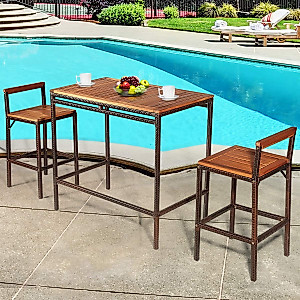 Tangkula 3 PCS Patio Bar Table Set, Outdoor Rattan Bar Set Bistro Set with Acacia Wood Top, Wood Table Set with 2 Bar Chairs for Dining Room, Backyard, Patio and Balcony