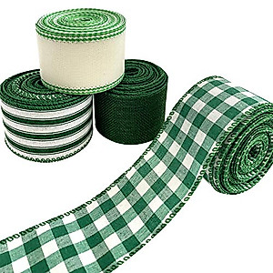 Llxieym St. Patrick's Day Wired Edge Ribbons Irish Ribbon Burlap Ribbon Green Buffalo Plaid Wrapping Gift Ribbon for St. Patrick's Day Decoration (24 Yards, Color B)