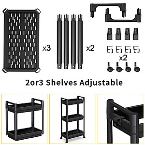 3 Tier Utility Rolling Cart, Rolling Storage Cart with Lockable Caster Wheels, Detachable Bathroom Organizer Cart with Handle, 8 Hanging Hooks, Easy Assembly, for Kitchen, Bathroom, Office, Black