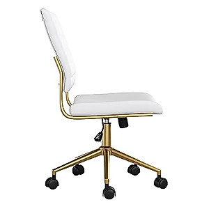 Martha Stewart Ivy Armless Swivel Task Chair for Home Office in White Faux Leather with Polished Brass Frame
