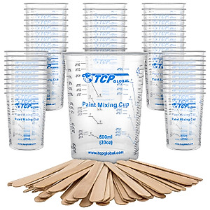 TCP Global 20 Ounce (600ml) Disposable Flexible Clear Graduated Plastic Mixing Cups - Box of 25 Cups & 25 Mixing Sticks - Use for Paint, Resin, Epoxy, Art, Kitchen - Measuring Ratios 2-1, 3-1, 4-1, ML