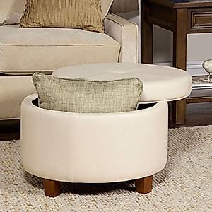 HomePop Round Leatherette Storage Ottoman with Lid, Ivory Large