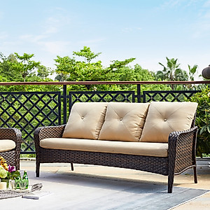 Rilyson Outdoor Patio Sofa, 3-Seat Patio Sectional PE Wicker Sofa, Outdoor Wicker Couch with Deep Seating and Cushions