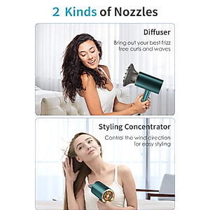 Dxliwky Professional Ionic Hair Dryer Blow Dryer with Diffuser and Concentrator for Curly Hair,Foldable Handle Travel Hair Dryer,Constant Temperature Hair Care (Vintage Green)