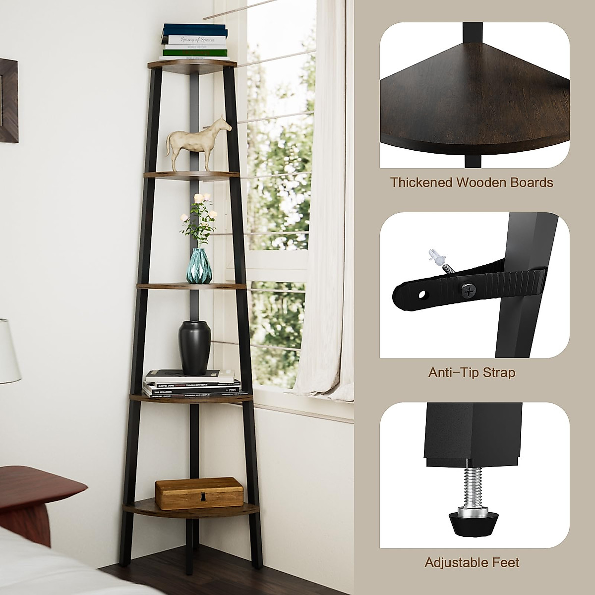 Corner Shelf Stand,5-Tier Corner Bookshelf Storage Standing Unit with Metal Frame,Corner Bookcase Plant Stand for Living Room,Bathroom,Home Office,Bedroom,Rustic Brown