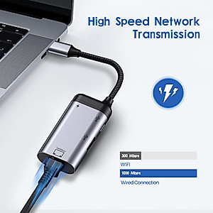 ABAZAR 4-in 1 USB C to Ethernet Adapter with USB Port, and 65W Power Delivery, Network LAN Converter 10/100/1000 Mbps for MacBook Pro, iPad Pro 2018 and Later, XPS, Nintendo Switch