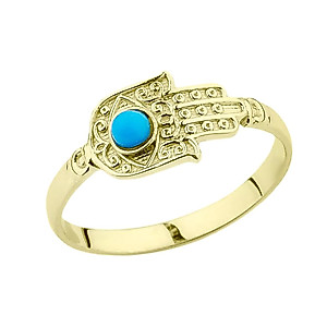 Middle Eastern Jewelry Unique 14k Yellow Gold Hamsa Hand with Blue Stone Ring (Size 9.5)