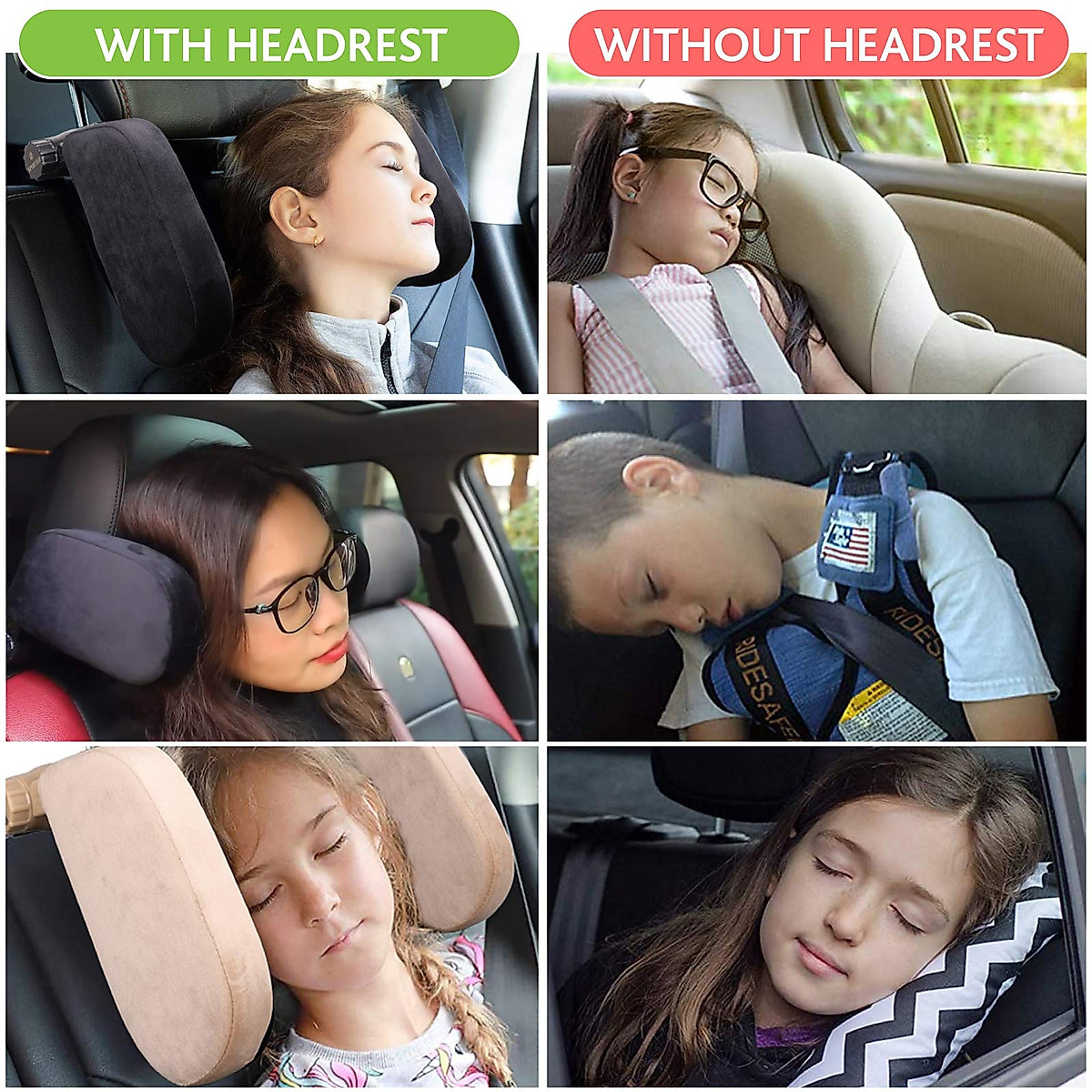 Spurtar Car Headrest Pillow, Road Pal Headrest Travel Pillow, Soft Velvet Adjustable Car Seat Headrest Pillow Head Neck Support, Memory Foam Headrest for Car, for Kids and Adults, Beige