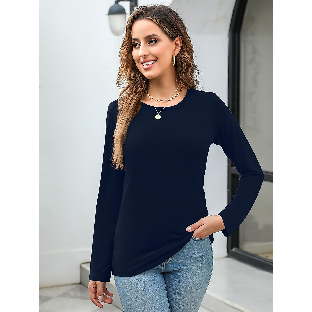 Elesomo Womens Tops Long Sleeve Tshirts Cotton Tee Shirt Crewneck Blouse, Navy Blue S