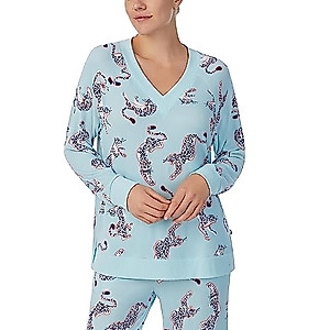 kate spade new york Long Sleeve V-Neck PJ Set Jumping Leopard SM