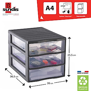 Sundis Orgamix Mini Drawer Tower with 3 drawers Medium Size PP Argent 36,5 x 26 x 25,5 cm