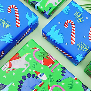 Dinosaur Wearing Santa Hats Christmas Double Side Reversible Wrapping Paper 4 Sheets Folded Flat 20x30 inches per sheet, Dinosaur T-rex Gift Wrap For Kids Girls Boys Men Women Unique Xmas Decorative Paper and Birthday Holiday