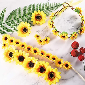 Fiada 16 Pieces Sunflower Headbands set Including 6 Pieces Sunflower Crown, 2 Pieces Sunflower Hair Clips, 8 Pieces Sunflower Hairpins for Women and Girls Wedding Hair Accessories