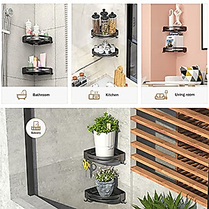 Shower Shelves 2 Pack Corner Shower Caddy Stainless Steel Bathroom Shower Shelf with 4 hooks Wall Mounted No Drilling Storage Shelves Adhesive Triangle Baskets Bathroom Kitchen Storage Basket-Black