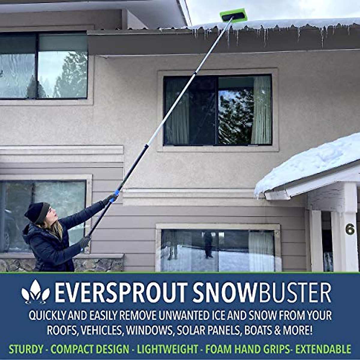 EVERSPROUT Never-Scratch SnowBuster 6.5-to-18 Foot (Up to 24 ft Standing Reach) | Pre-Assembled Extendable Roof Rake for Snow Removal | Lightweight Aluminum, Soft Foam Pad | Exclusive Push/Pull Design