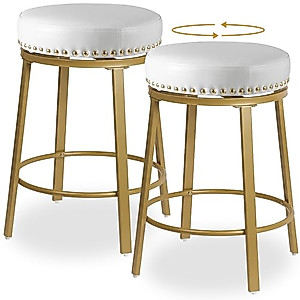 FLYZC White & Gold Bar Stools Set of 2 Counter Height 24 Inches Swivel Bar Stools for Kitchen Counter Island Backless Modern Gold Barstools Upholstered Faux Leather Round Counter Stools, White+Gold