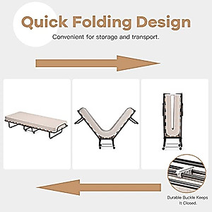 GOFLAME Rollaway Folding Bed with Soft Memory Foam Mattress, Portable Sleeper Bed Cot Size with Metal Frame for Adults, Guest Bed for Spare Bedroom and Office (Beige)
