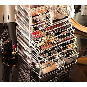 Cq acrylic Makeup Organizer Skin Care Large Clear Cosmetic Display Cases Stackable Storage Box With 9 Drawers For Vanity,Set of 4