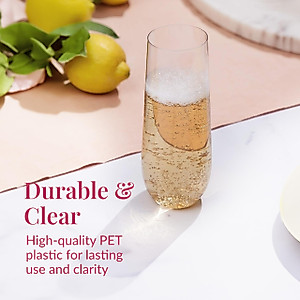 24pk Stemless Plastic Champagne Flutes - 9 Oz | Clear Plastic Wine Glasses | Shatterproof Mimosa Bar Supplies | Disposable Cocktail Glasses | New Years Eve Party Supplies 2023