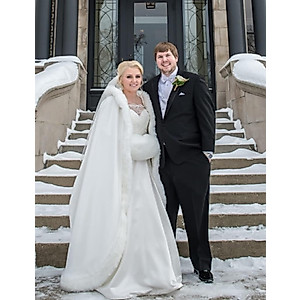 BEAUTELICATE Wedding Cape Hooded Cloak for Bride Winter Reversible with Fur Trim Free Hand Muff Length 50" Ivory