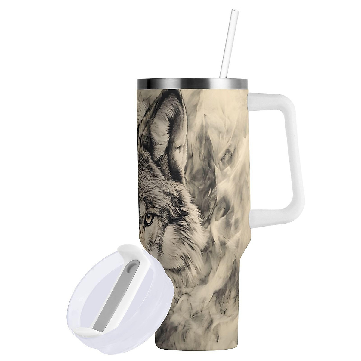 Jihqo Dangerous Wolf 40 oz Stainless Steel Vacuum Insulated Tumbler with Handle and Straw Lid, Leakproof Water Bottle Double Wall Travel Mug Coffee Cup, Cupholder Friendly