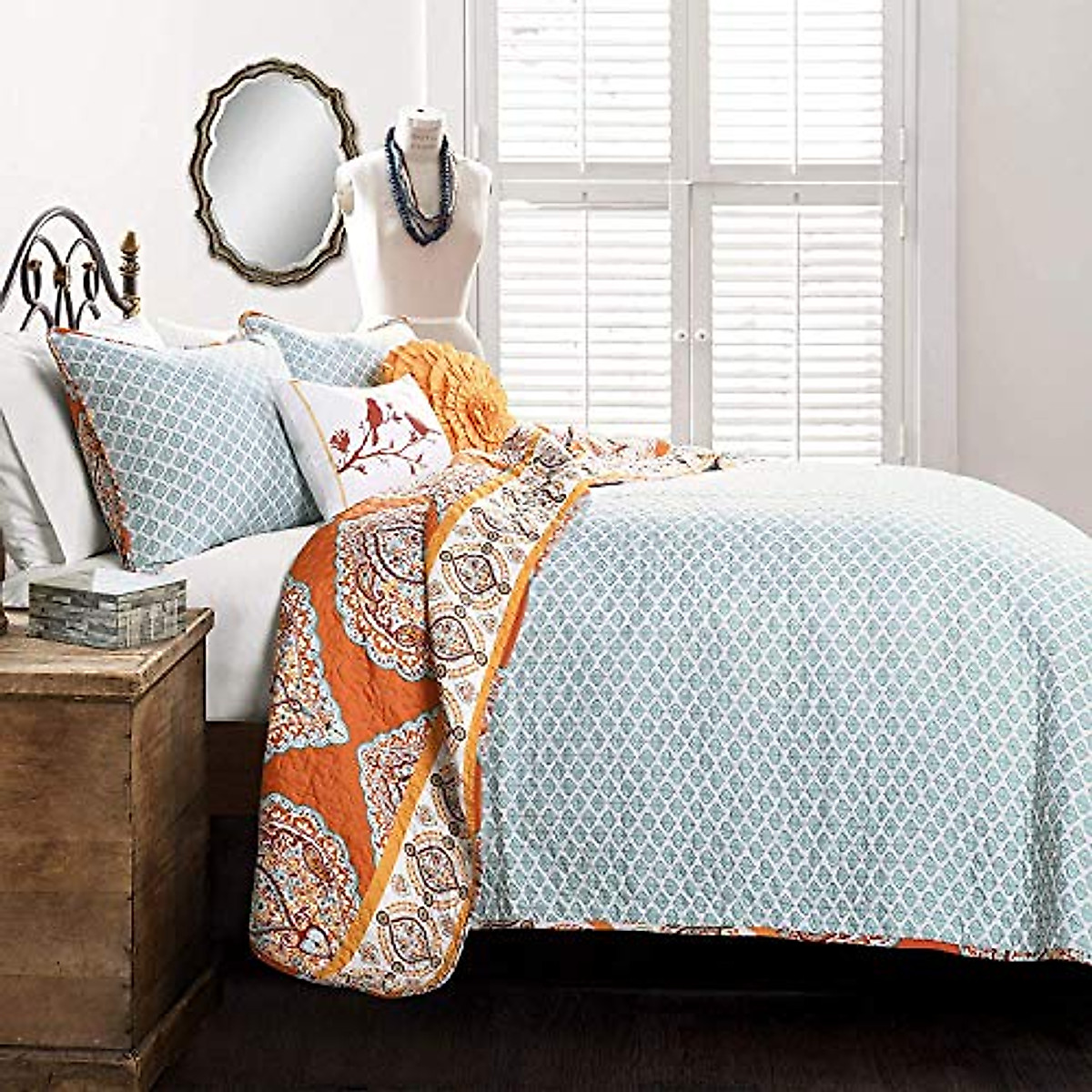 Lush Decor Harley Quilt Set Damask Pattern Reversible 5 Piece Bedding Set - Full Queen - Tangerine