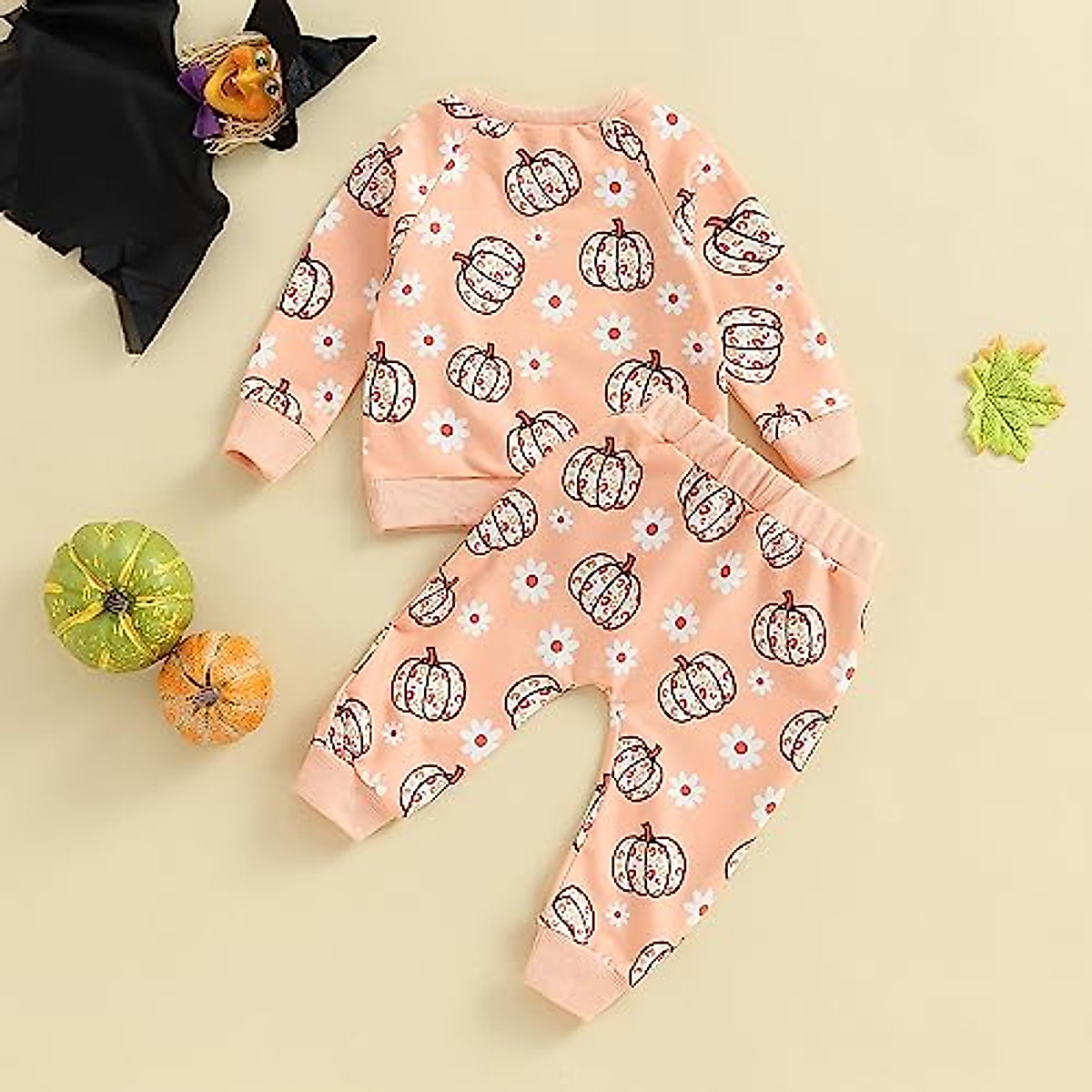 Meiweileya Baby Girl Fall Clothes Floral Cute Pumpkin Sweatshirt Long Pants Set Halloween Outfit Newborn Toddler Clothing (Orange Pink Leopard, 0-6 Months)