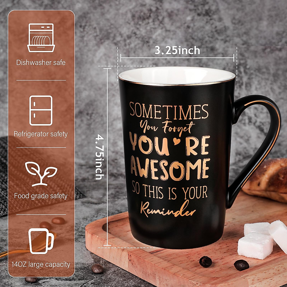 Christmas Birthday Thank You Gifts for Men, Sometimes You Forget You're Awesome - 14oz Unique Black Ceramic Inspirational Mug with Gold Print, Present for Boyfriend Husband Employee, Nice Gift Boxed