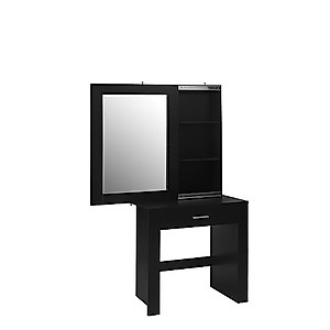 mixtavie Vanity Desk with Sliding Mirror & Stool, Makeup Vanity with Storage Shelves & Drawer & Chair, Vanity Table Set for Bedroom, Black