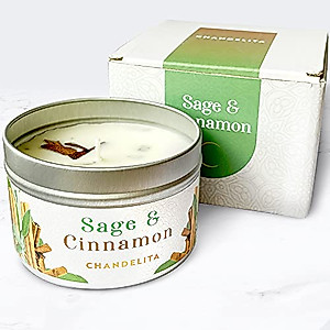 Chandelita Cinnamon Sage Candle for Cleansing House, Home Blessing and Energy with Sage Leaves and Soy Wax for Purification, Relaxation - Meditation Candle - Chakra Candles - Cinnamon Candle