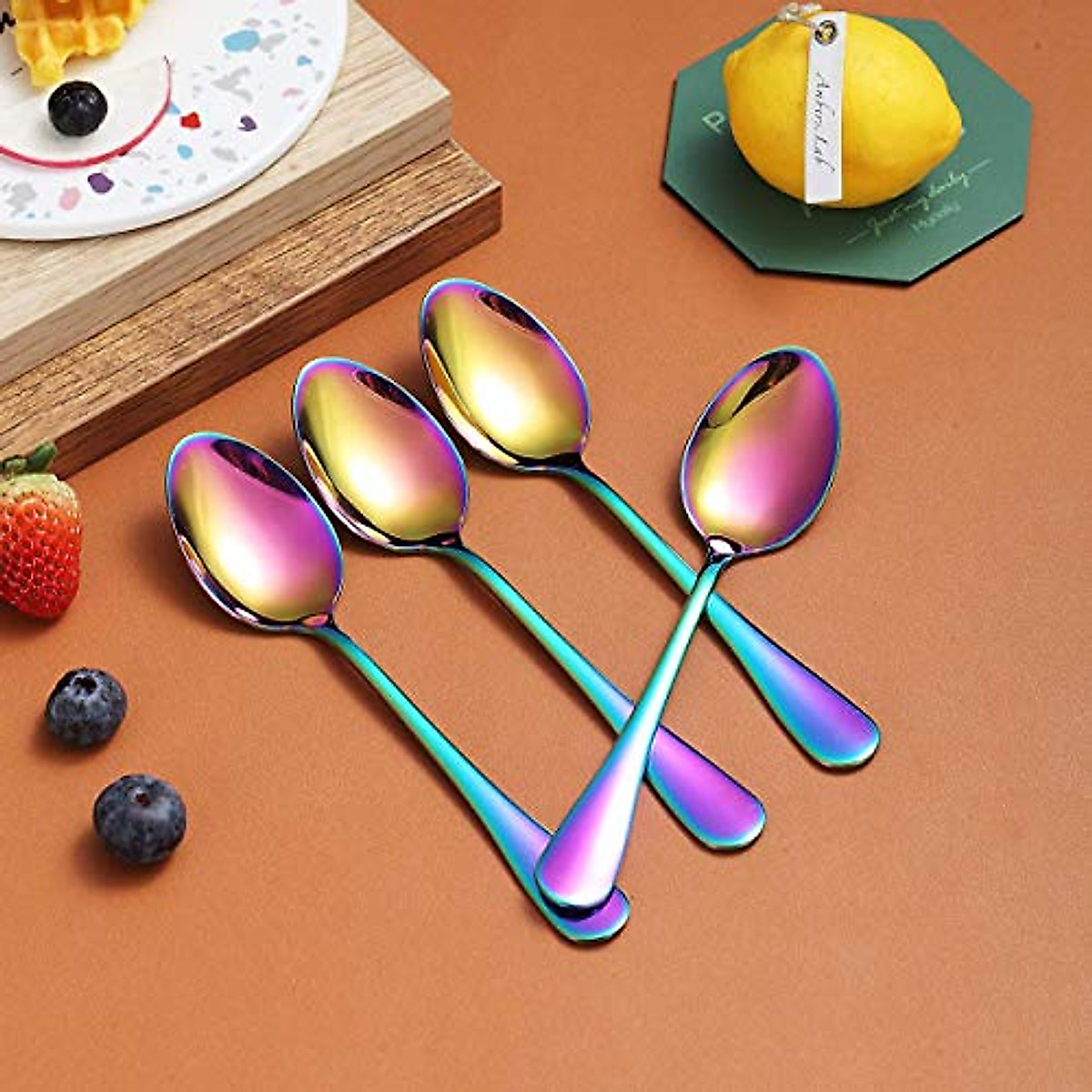 Rainbow Teaspoons 6.5" Set of 4, Berglander Stainless Steel Titanium Plating Shiny Mutil-Color Tea Spoons Silverware, Colorful Tea Spoon Small Dessert Spoon Teaspoon Easy To Clean Dishwasher Safe