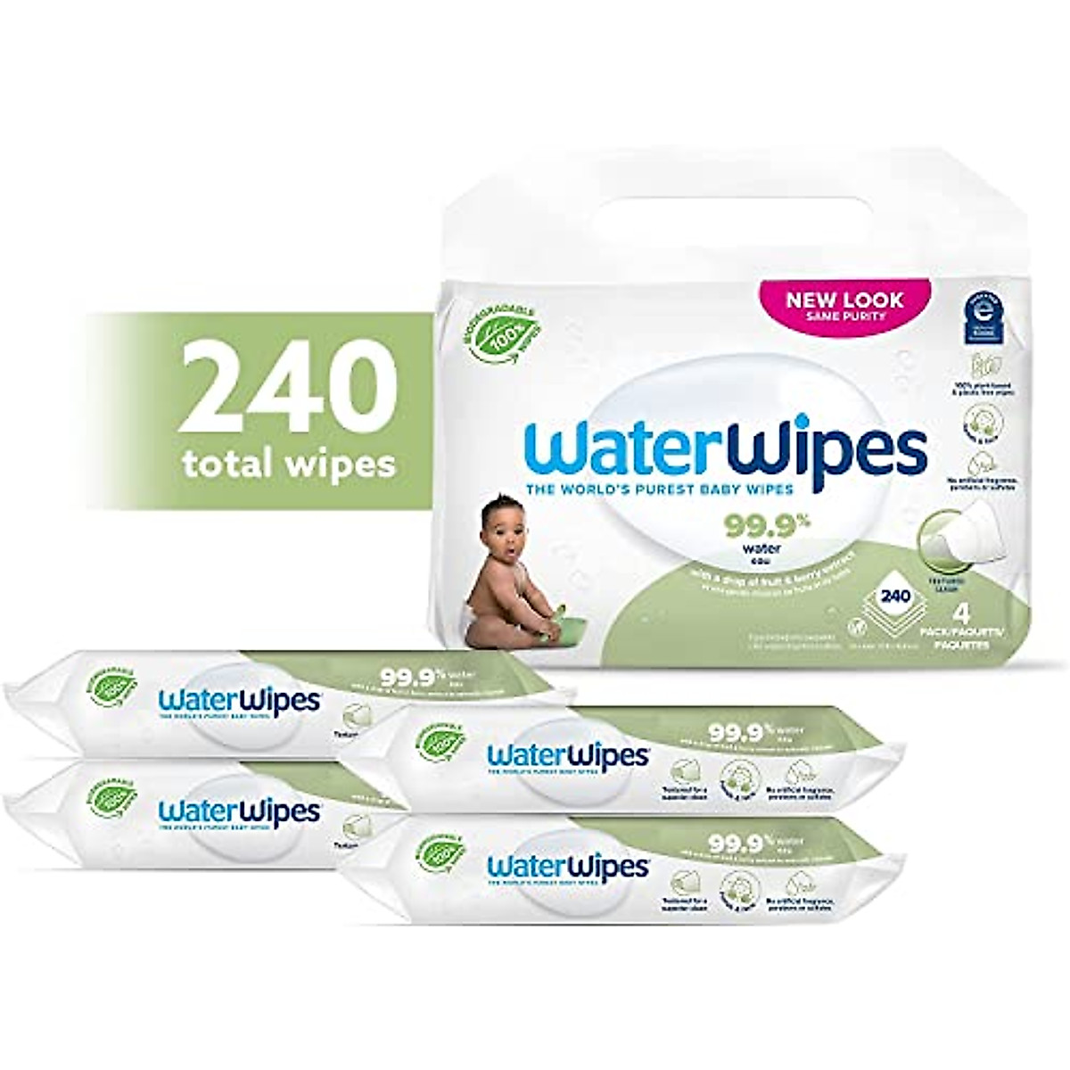 WaterWipes Plastic-Free Textured Clean, Toddler & Baby Wipes, 99.9% Water Based Wipes, Unscented & Hypoallergenic for Sensitive Skin, 240 Count (4 packs), Packaging May Vary