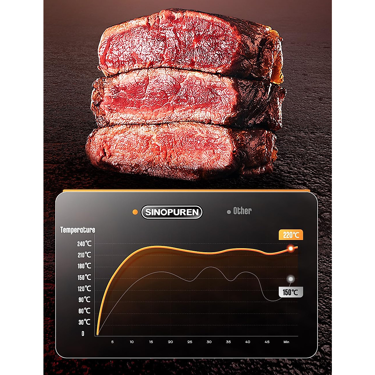 SINOPUREN Electric Grill TG101, Indoor BBQ Rotisserie, with Adjustable Temperature Control, Removable Grill & Griddle Nonstick Plates, 1600w Fast Heat Up, Stainless Steel, Dishwasher Safe